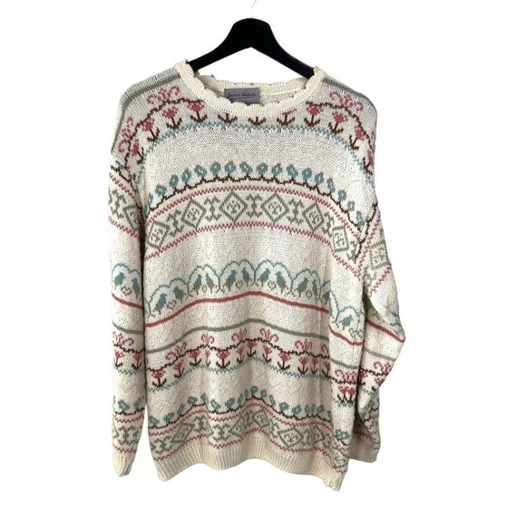 Vintage | Sweaters | Vintage 9s Off White Knit Pattern Cotton Sweater ...
